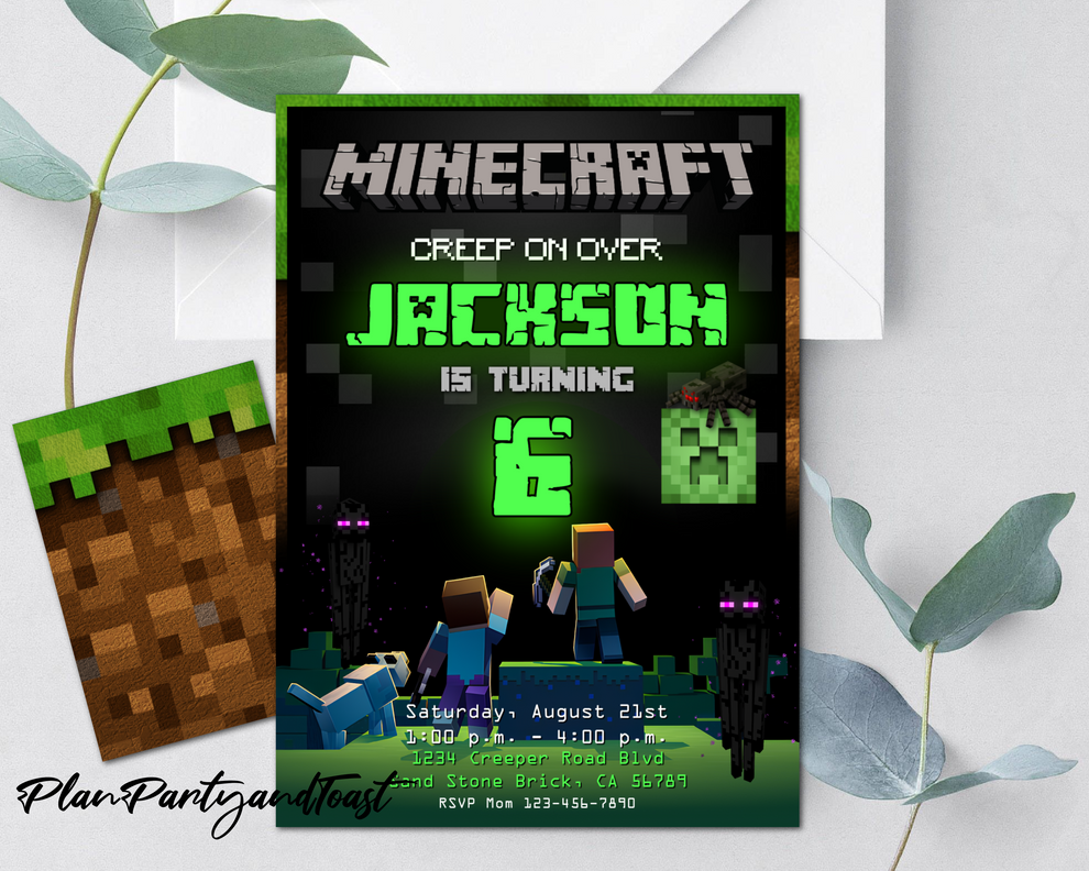 Minecraft birthday invitation glow theme – Plan Party & Toast