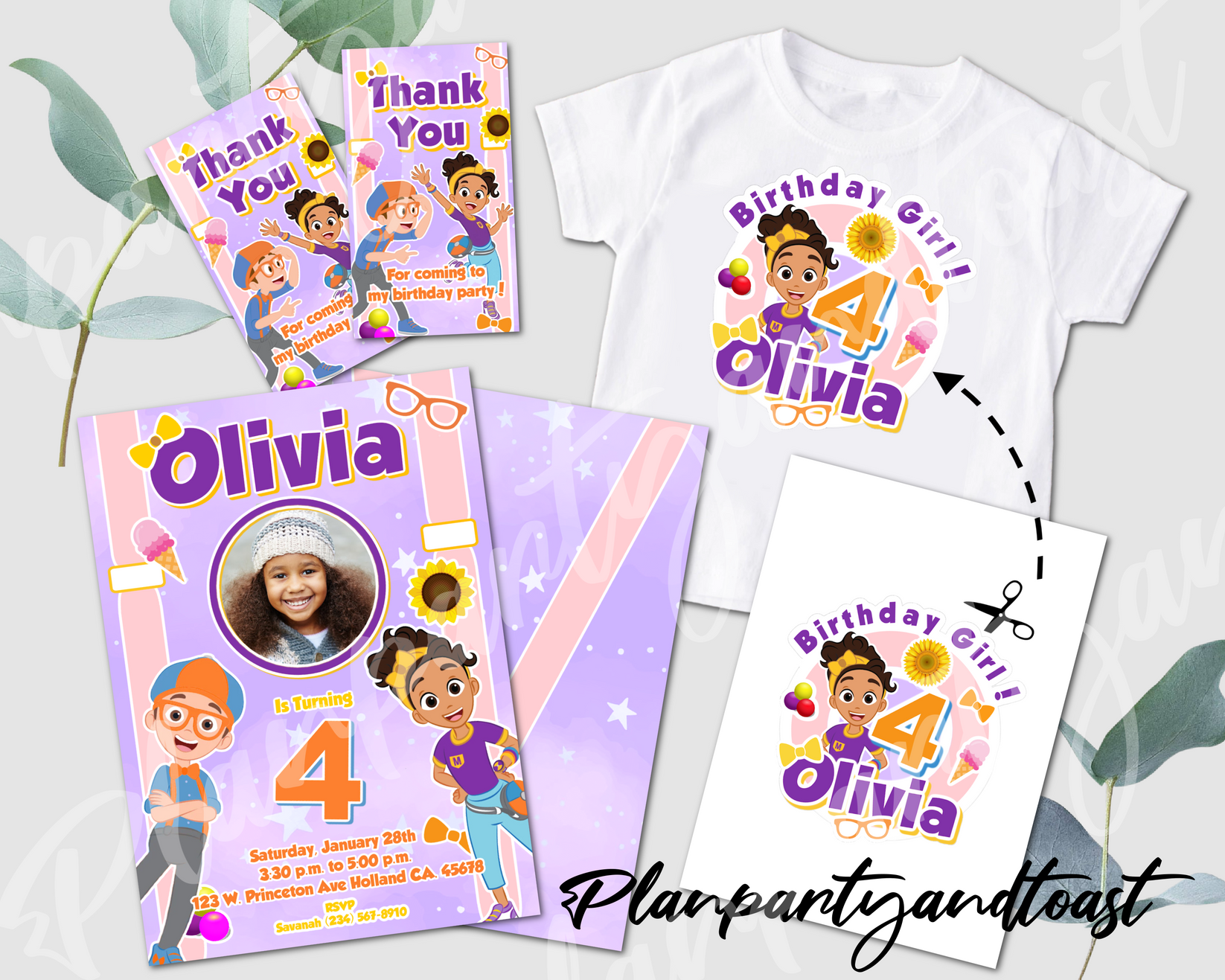 Blippi and Meekah birthday bundle digital invitation, thank you tags a ...